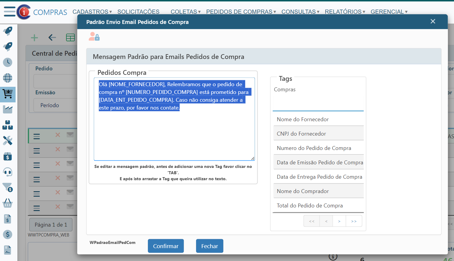 Texto padrão para envio de e-mails de pedido/ordem de compra para ...
